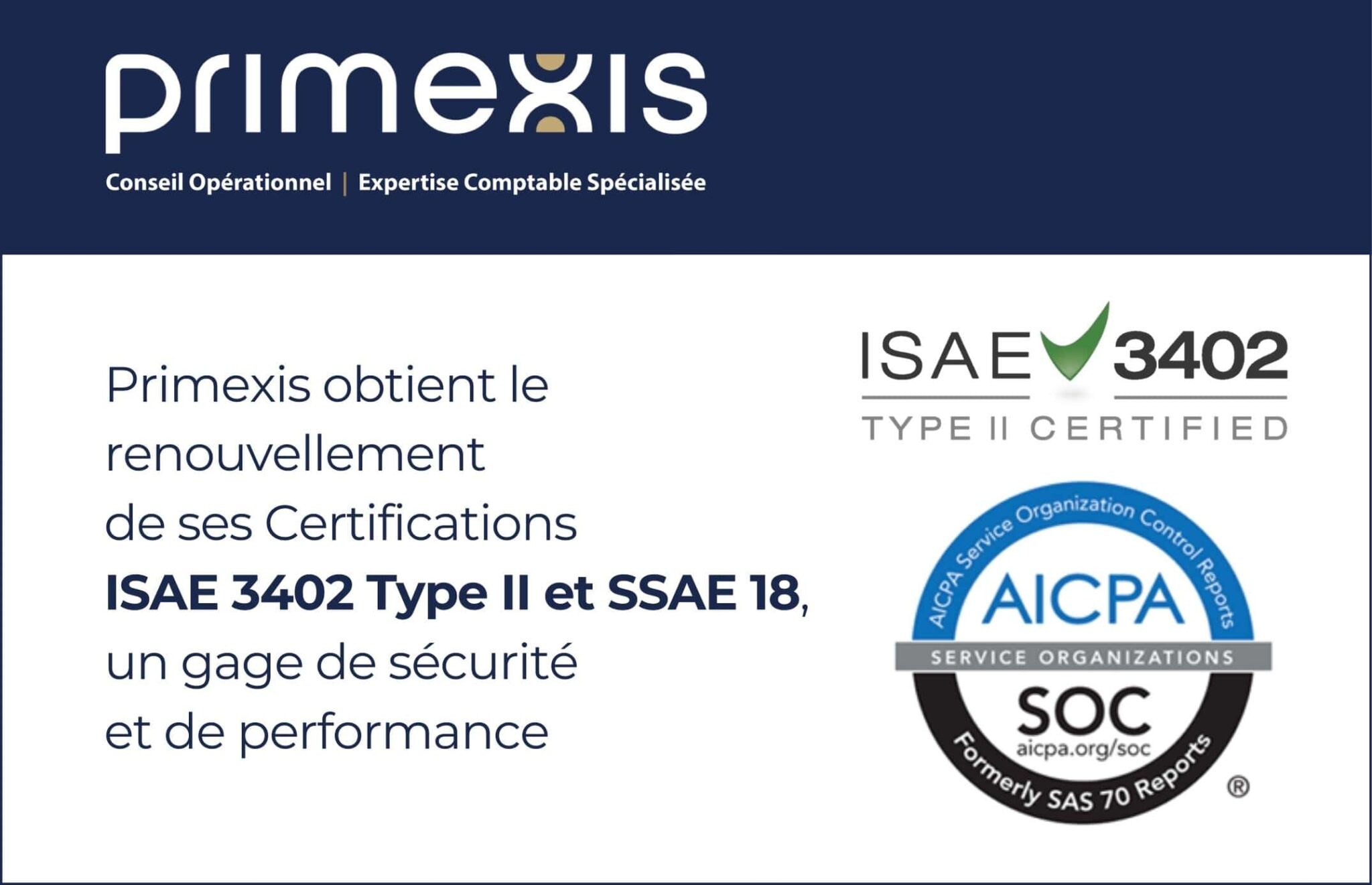 Primexis renouvelle ses Certifications ISAE 3402 Type II et SSAE 18